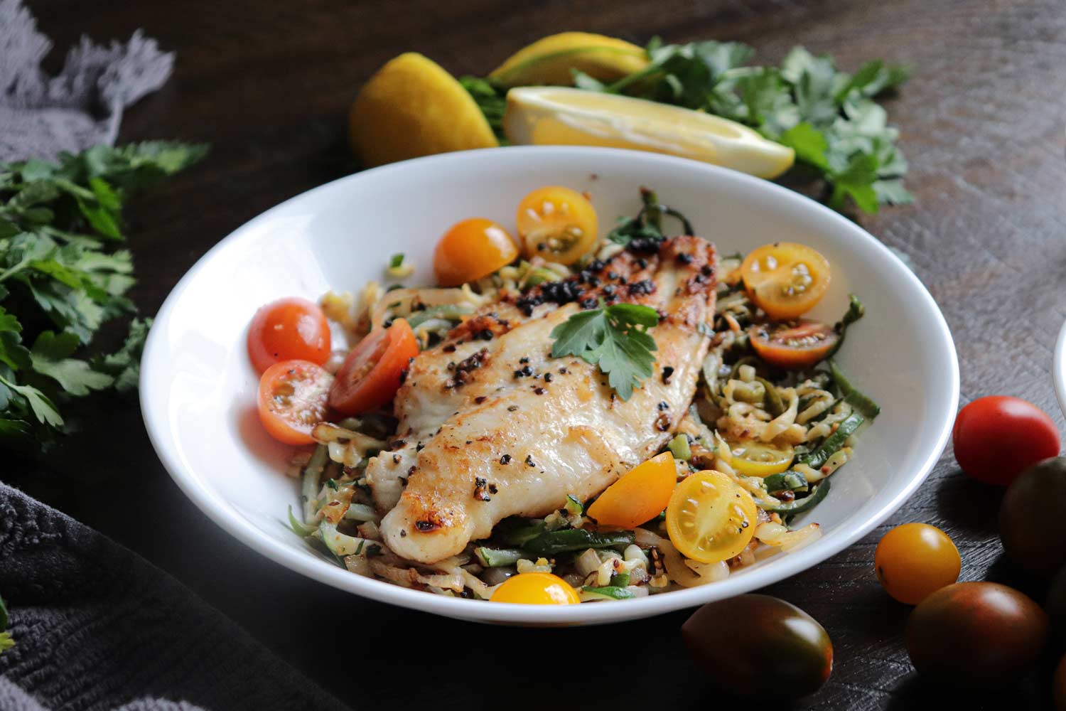 Pan-Seared Catfish with Lemony Zucchini Noodles - Heartland Catfish